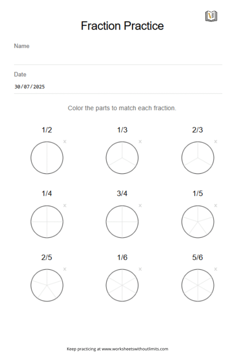 Unlimited Fraction Worksheets for 1st Graders