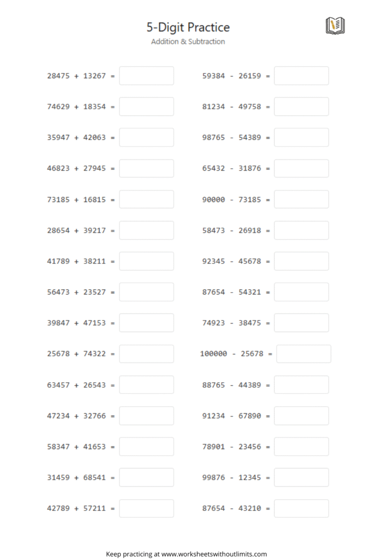 Addition and Subtraction Worksheets Grade 5