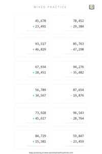 Addition and Subtraction Worksheets Grade 5