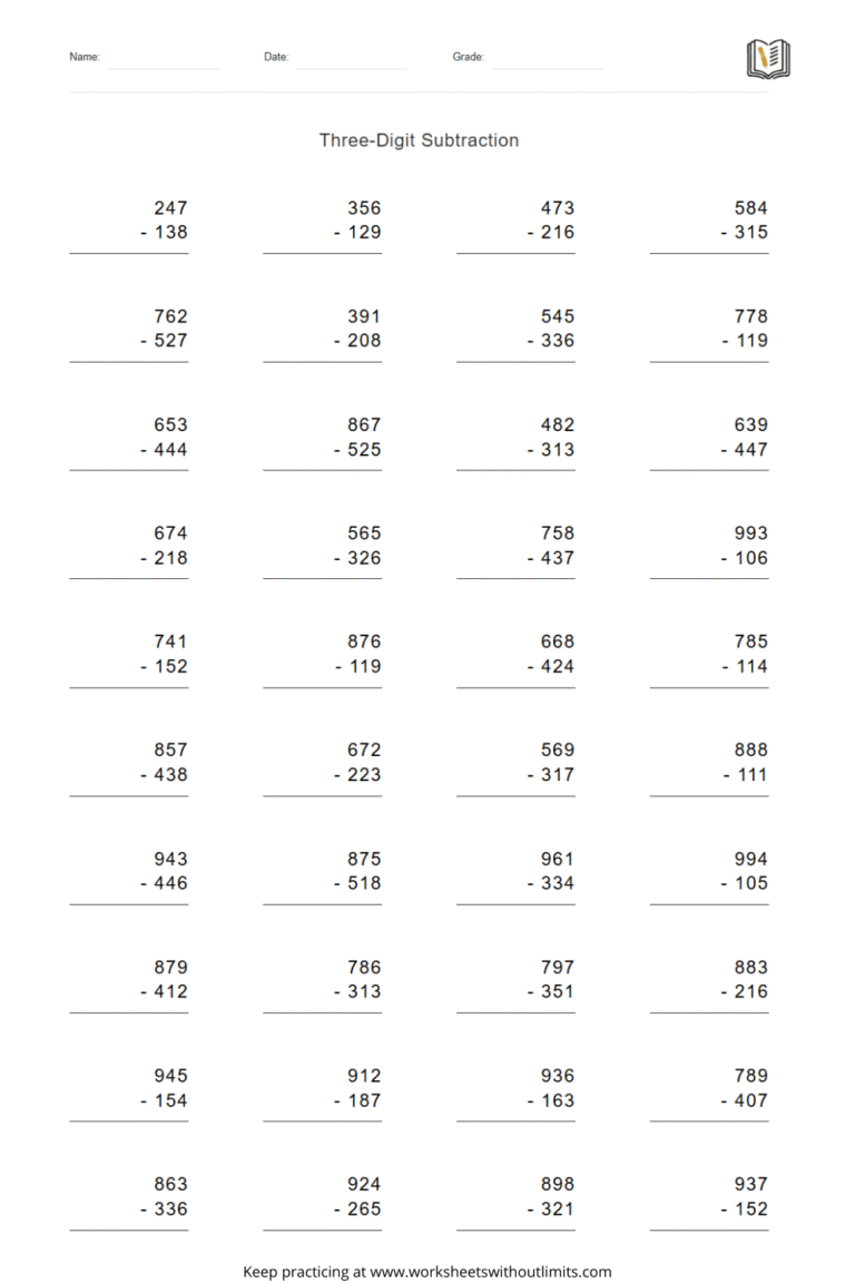 3rd Grade Subtraction Worksheets with Regrouping